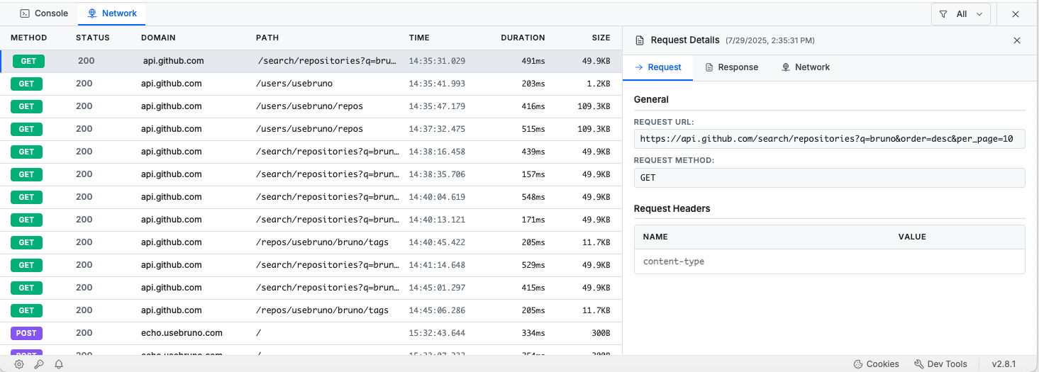 Bruno Dev Tools: Console and Network Logs Made for API Work